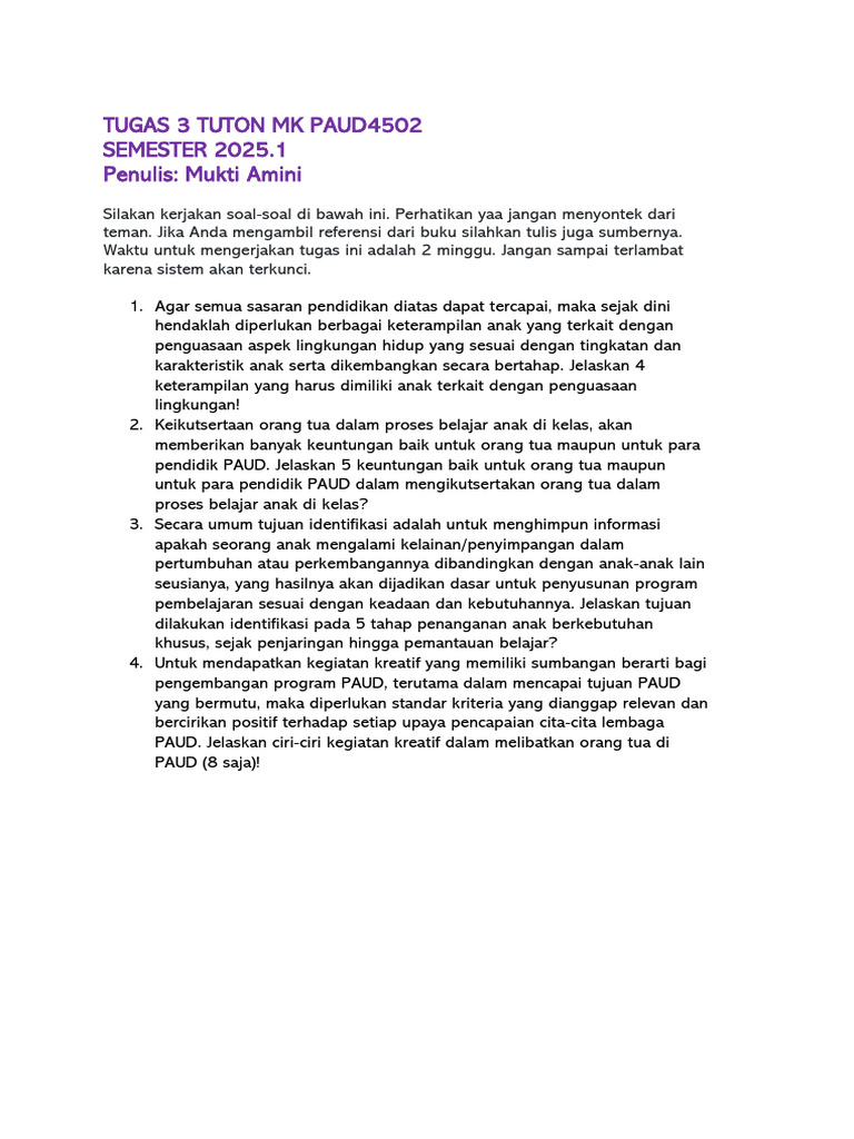 Soal Tugas 3 PAUD4502 Sem 2025.1 | PDF