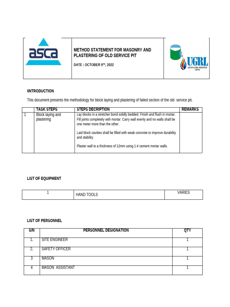 Method Statement For Masonry and Plastering | PDF