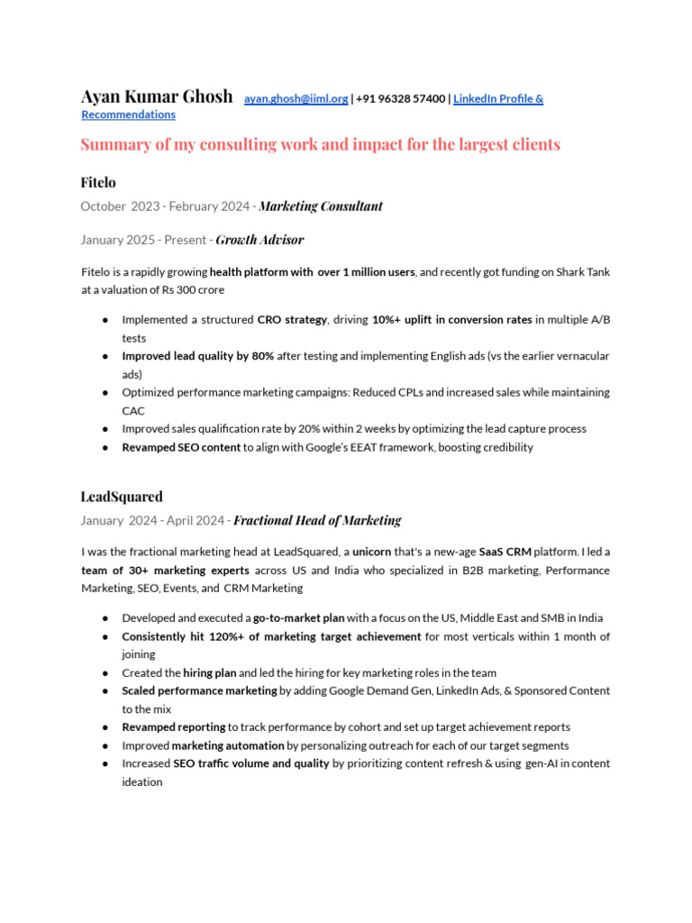 Ayan Ghosh Consulting Impact | PDF | Marketing | Customer Relationship Management