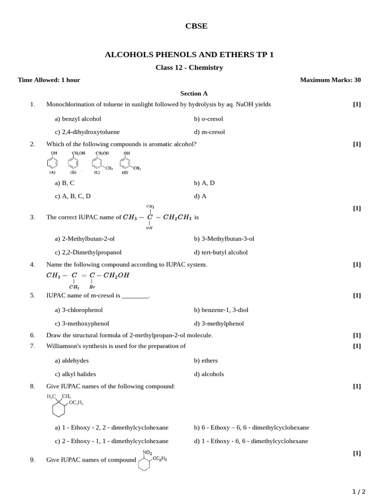 Alcohols Phenols and Ethers TP 1 (Nomenclature of Alcohols, Phenols and ...