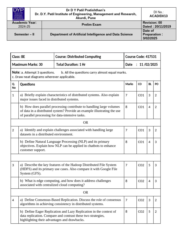 Distributed Computing UT1 QuestionPaper - 2024-25 | PDF | Information Technology | Computing