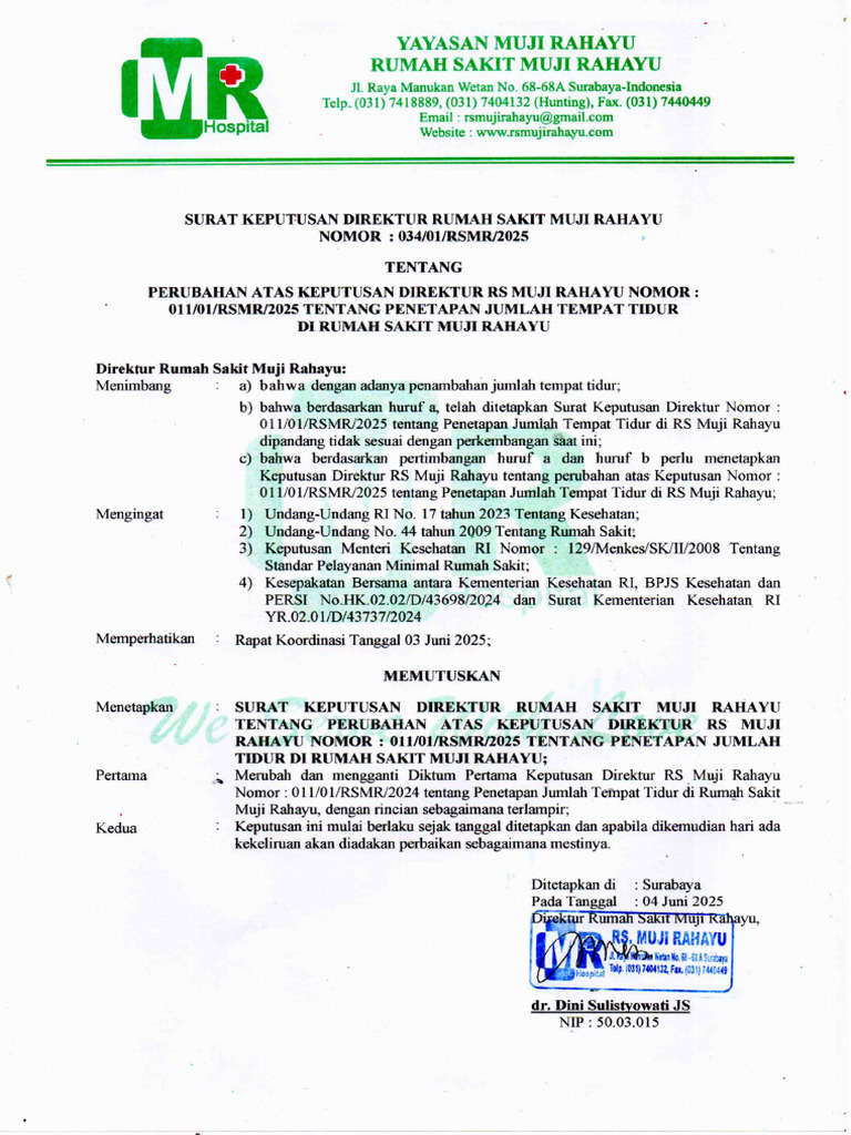 SK Tempat Tidur RSMR Tahun 2025 | PDF