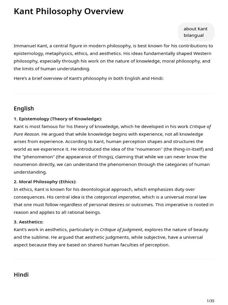 Kant Philosophy Overview | PDF | Immanuel Kant | A Priori And A Posteriori