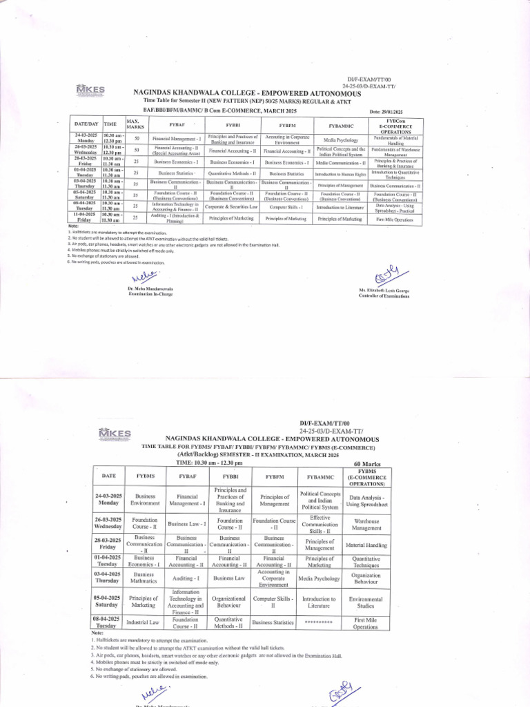 Time Table For Semesterwise NEP Pattern Regular and ATKT Exam BAF BBI ...