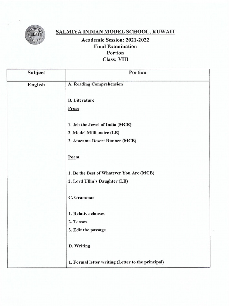Final Examination Portion Class VIII | PDF