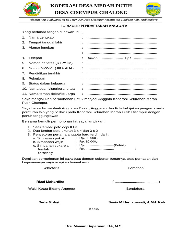 Formulir Pendaftaran Anggota Koperasi Merah Putih | PDF