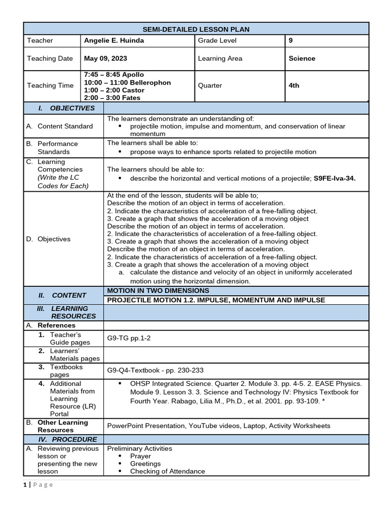 Grade 9 Science Lesson Plan: Projectile Motion | PDF | Acceleration ...