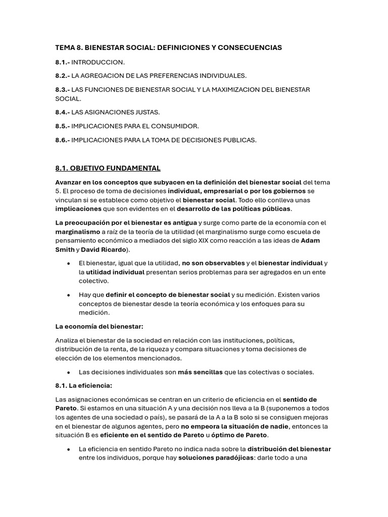 ADE - Tema 8 - Bienestar Social | PDF | Eficiencia de Pareto | Utilidad