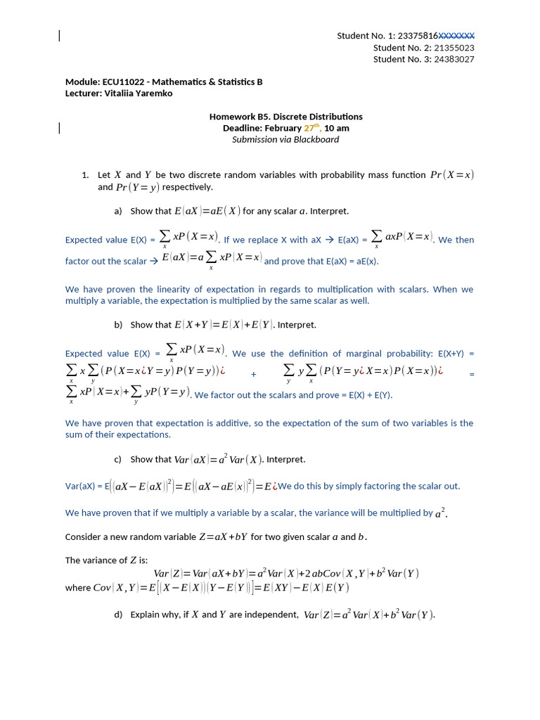 ECU11022 2025 HomeworkB5 | PDF | Variance | Expected Value
