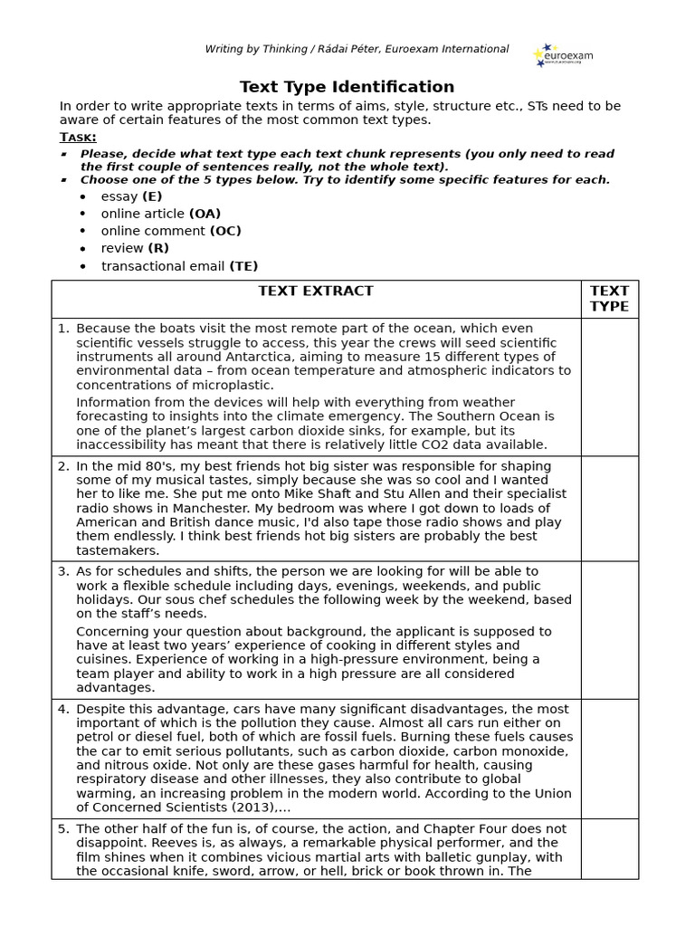 Text-Type Identification Tasksheet | PDF | Oceans | Fuels