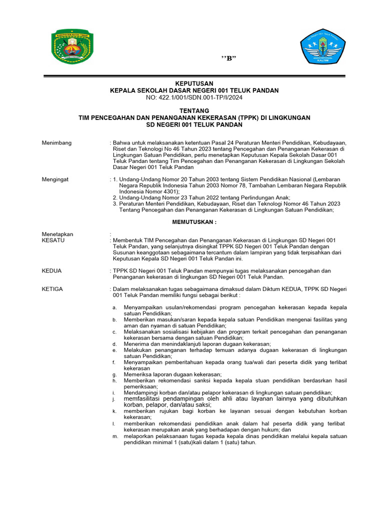 SK Tim Pencegahan dan Penanganan Kekerasan di Lingkungan Satuan Pendidikan Tahun 2024 | PDF