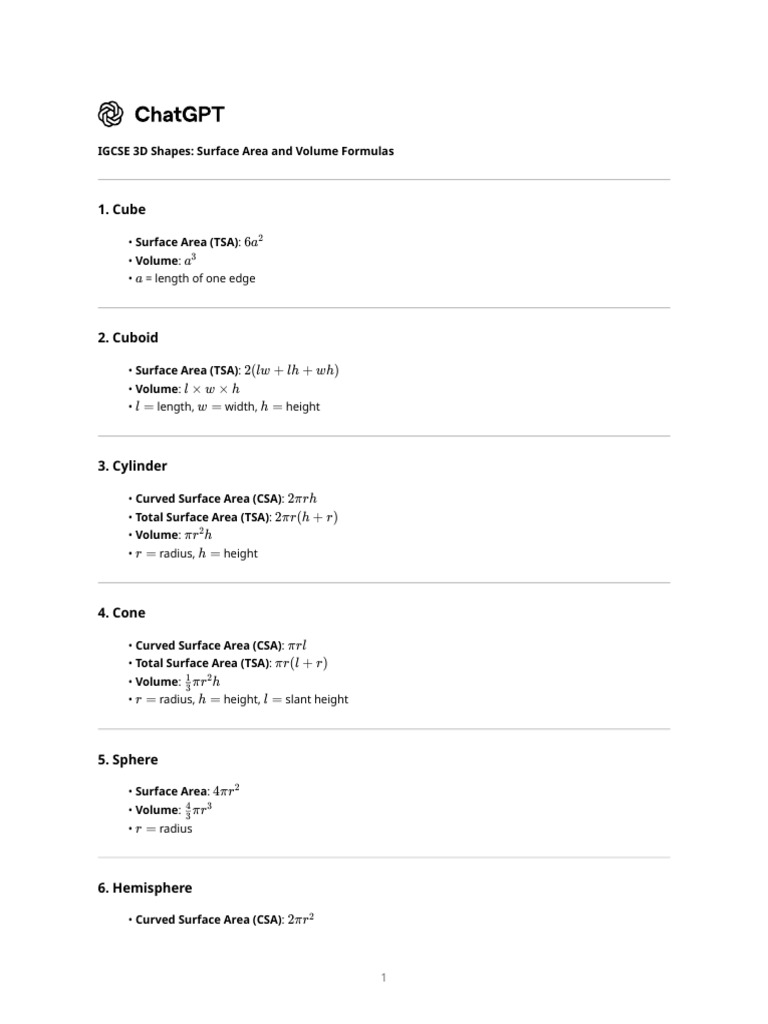 IGCSE 3D Shapes: Formulas Overview | PDF