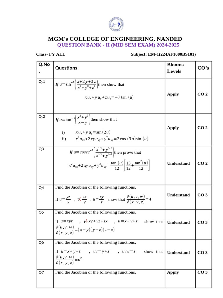 Question Bank 2 of M-1 MSE | PDF | Mathematics | Geometry