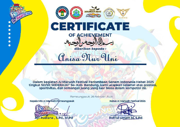 Sertifikat Senam Indonesia Hebat Al Marwah (Anisa) | PDF