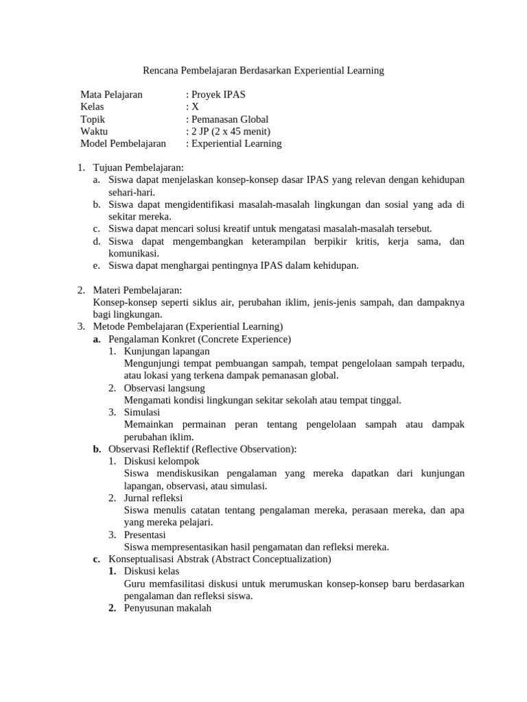 Rencana Pembelajaran Berdasarkan Experiential Learning | PDF