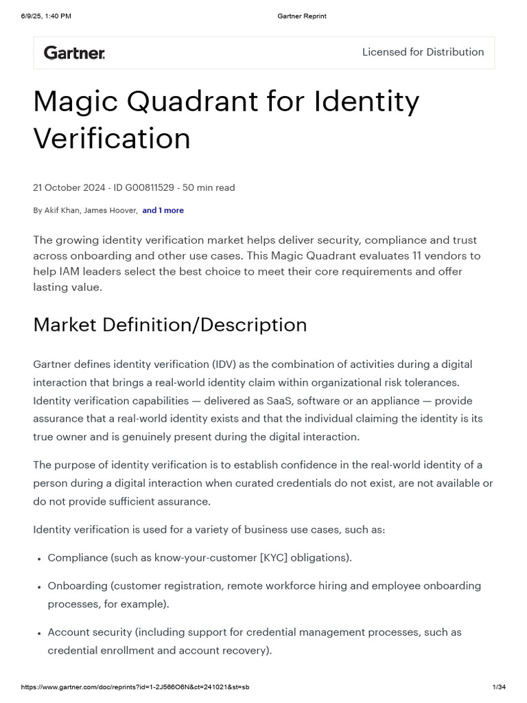 Gartner Magic Quadrant for ID Verification 2024 | PDF | Biometrics ...