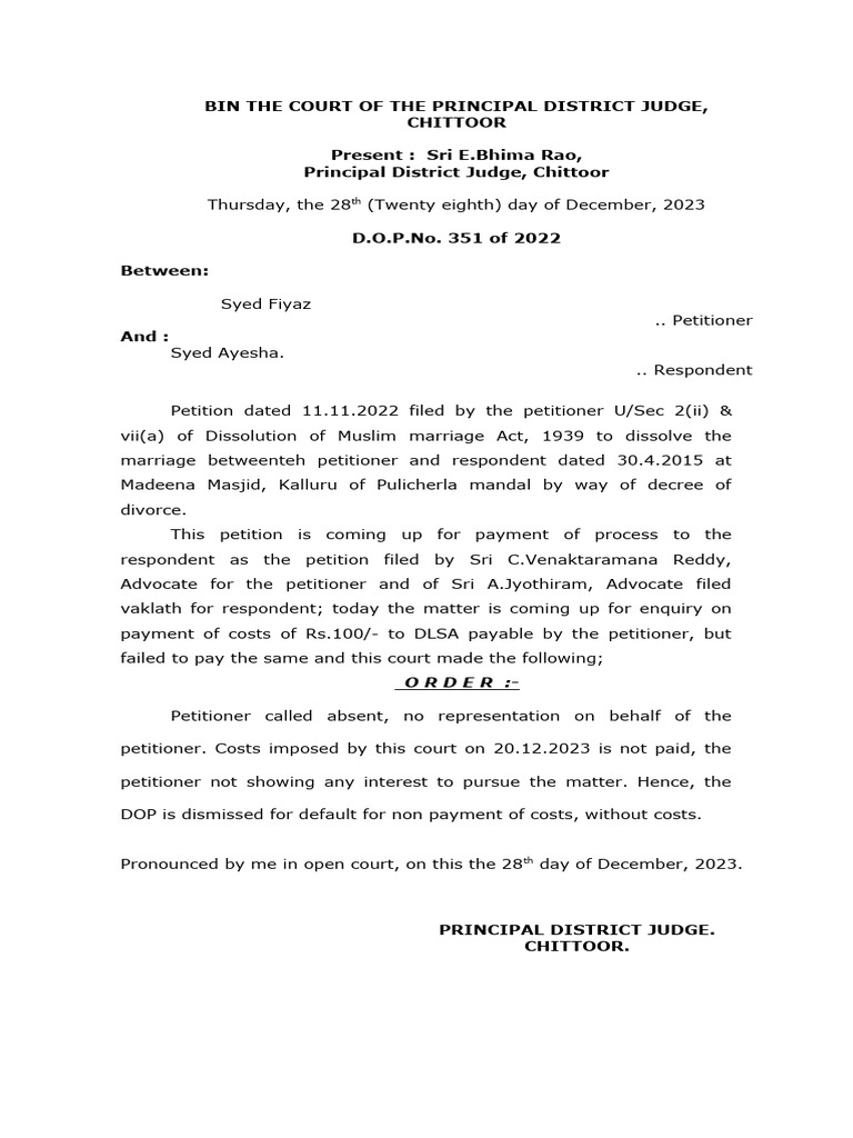 Bin The Court of The Principal District Judge, Chittoor Present: Sri E ...