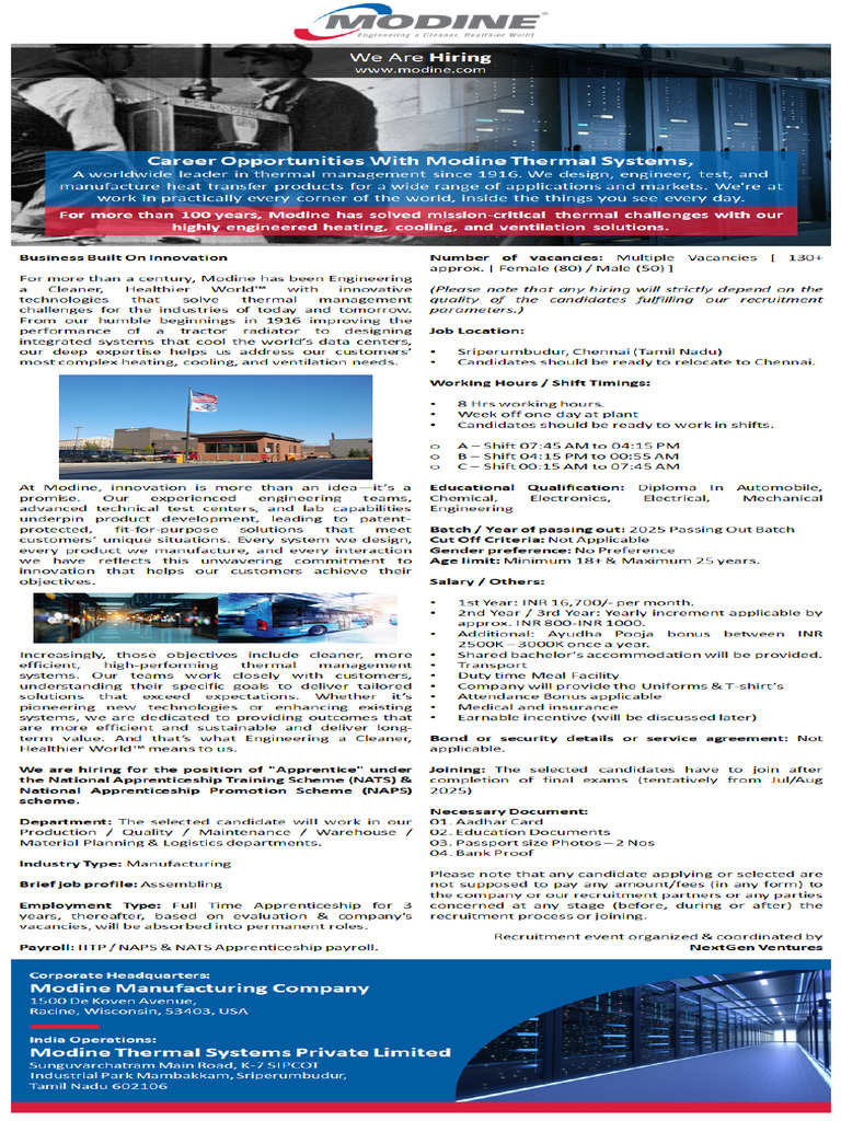 Modine Thermal Systems Apprentice 2025 Batch | PDF