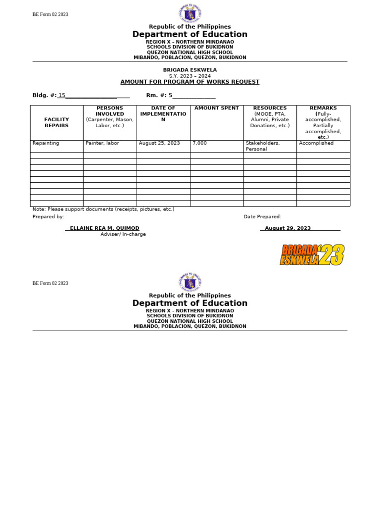 BE 2023 Amount for Program of Work Request | PDF
