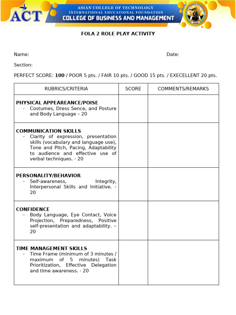 Fola2 Roleplay Activity Rubricsfinal | PDF