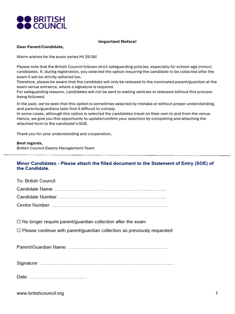 Child Collection Form - School Exams May - June 2025 | PDF