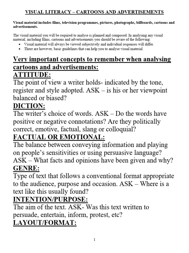 VISUAL LITERACY - Cartoons&Advertisements | PDF | Advertising | Emotions