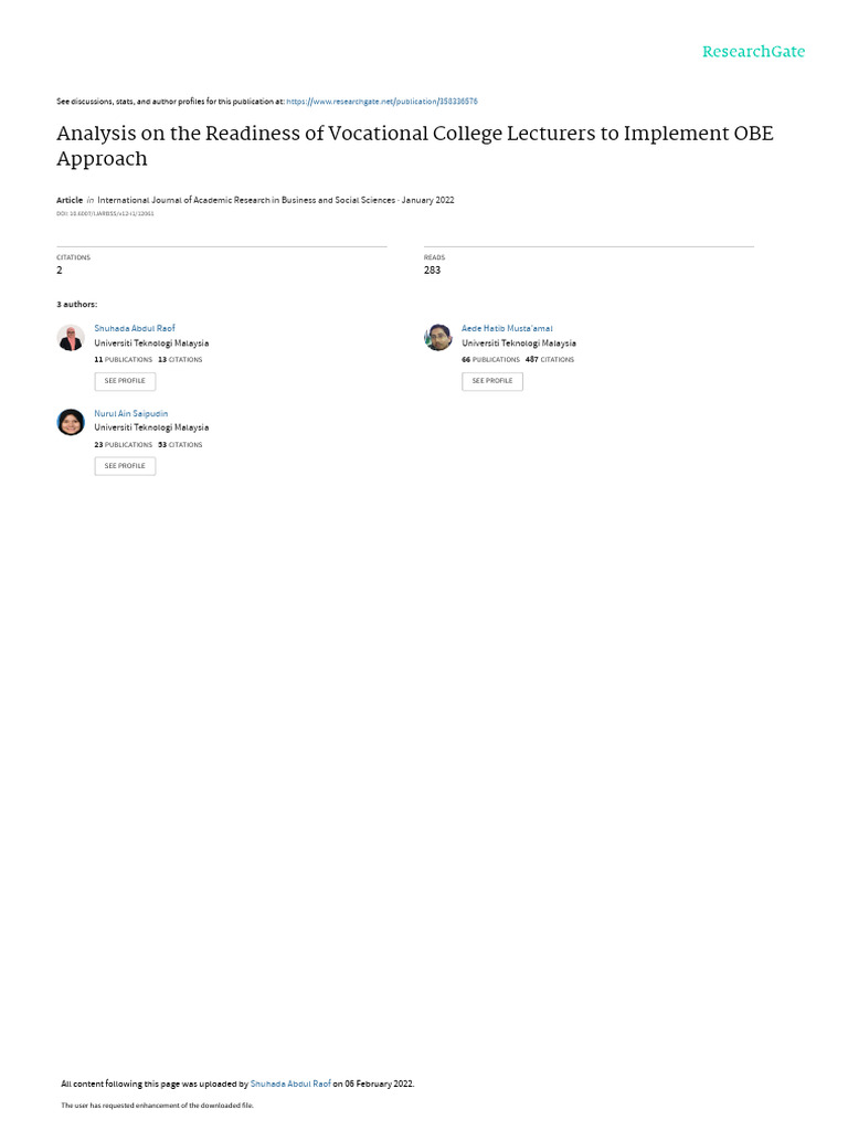 Analysis On The Readiness of Vocational College Lecturers To Implement ...