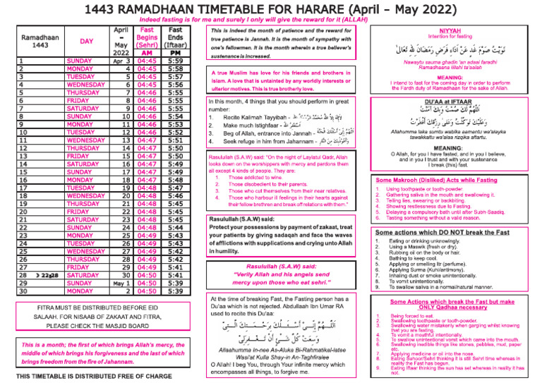 Ramadaan Timetable 2022 | PDF