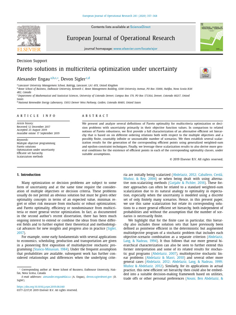 Pareto Solutions in Multicriteria Optimization Under Uncertainty | PDF ...