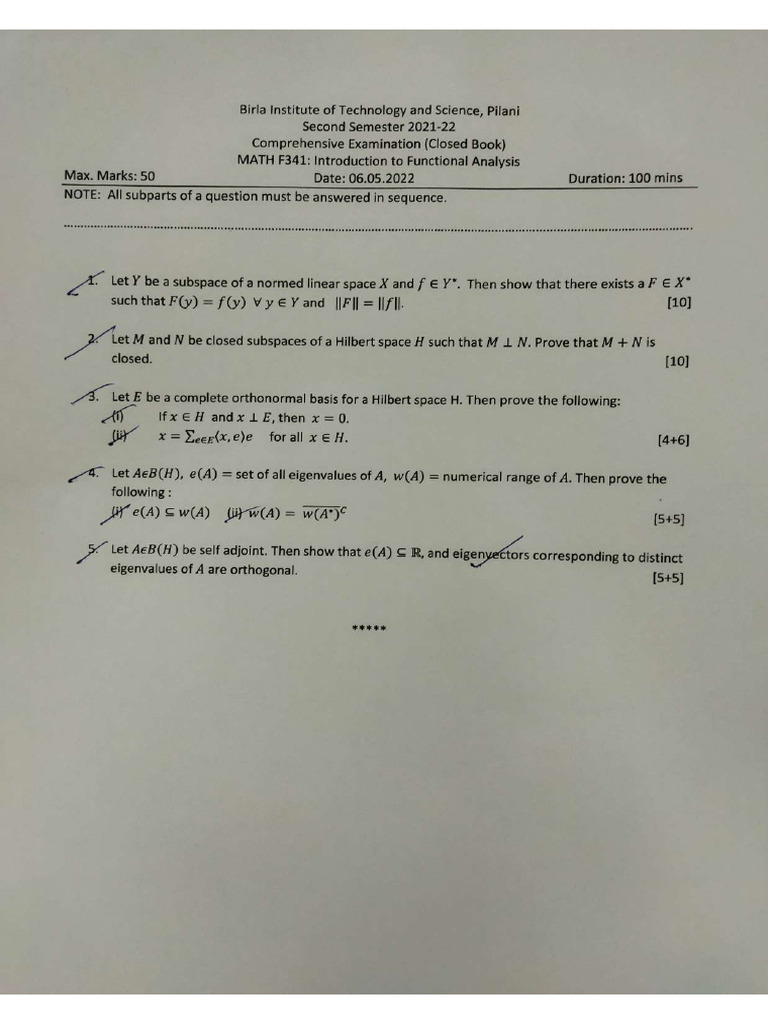 Functional Analysis Compre Paper (Part-A) (2021-22) | PDF