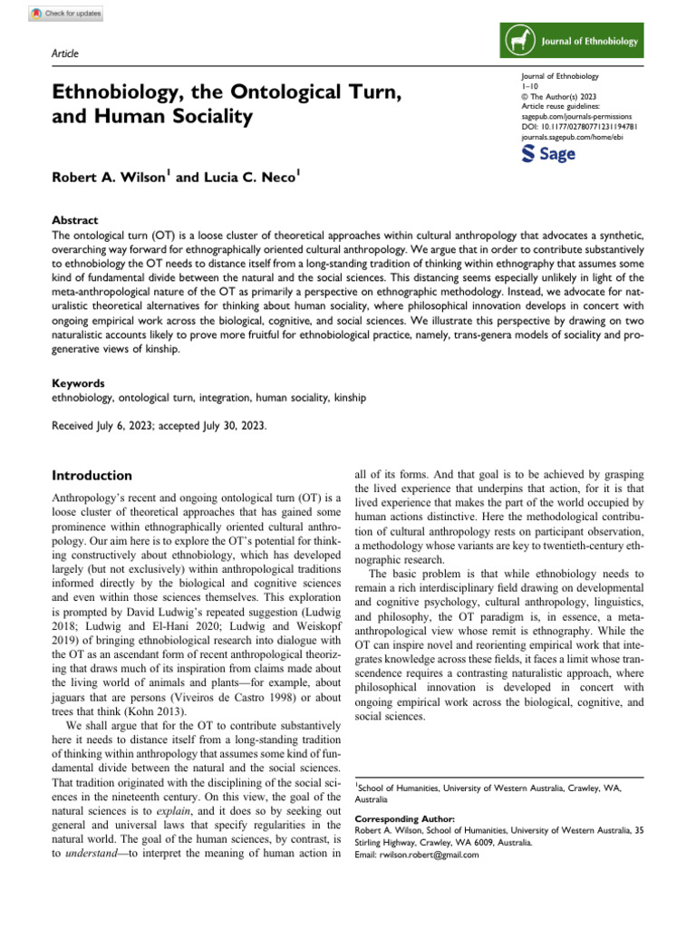 Ethnobiology, The Ontological Turn, and Human Sociality: Robert A. Wilson and Lucia C. Neco ...