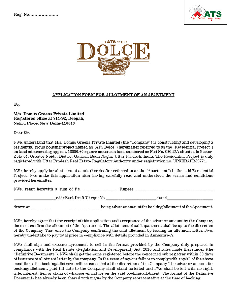 Dolce Application Form RERA | PDF