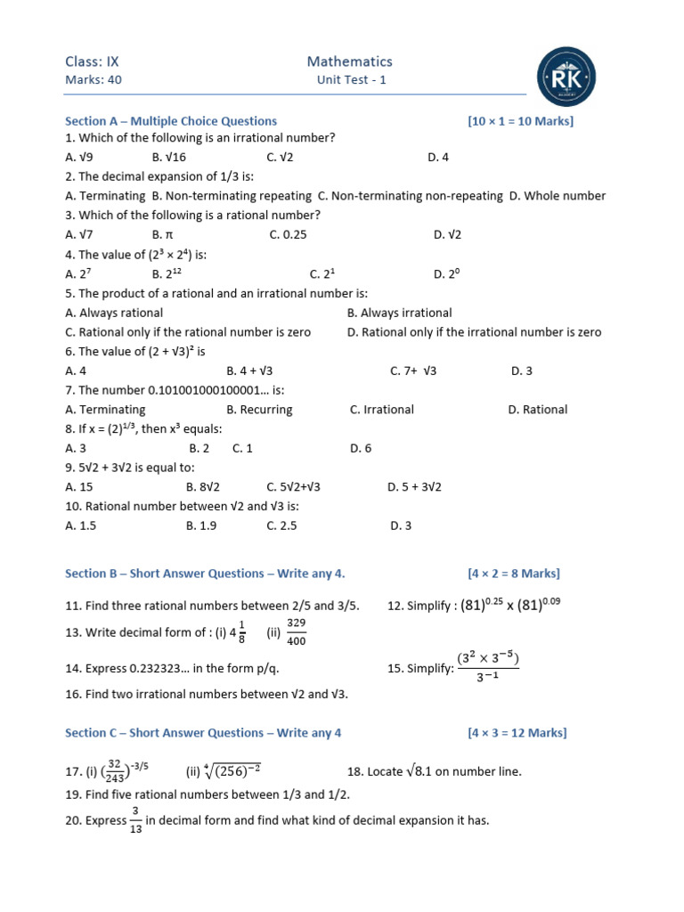Class9 Maths Unit1 QuestionPaper | PDF | Numbers | Rational Number