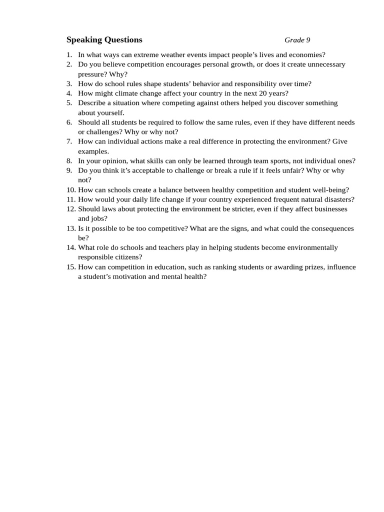 Speaking Questions Grade 9 | PDF