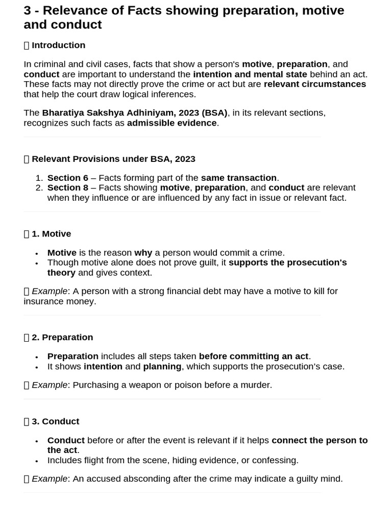 Motive, Preparation, and Conduct in BSA | PDF | Evidence | Crimes