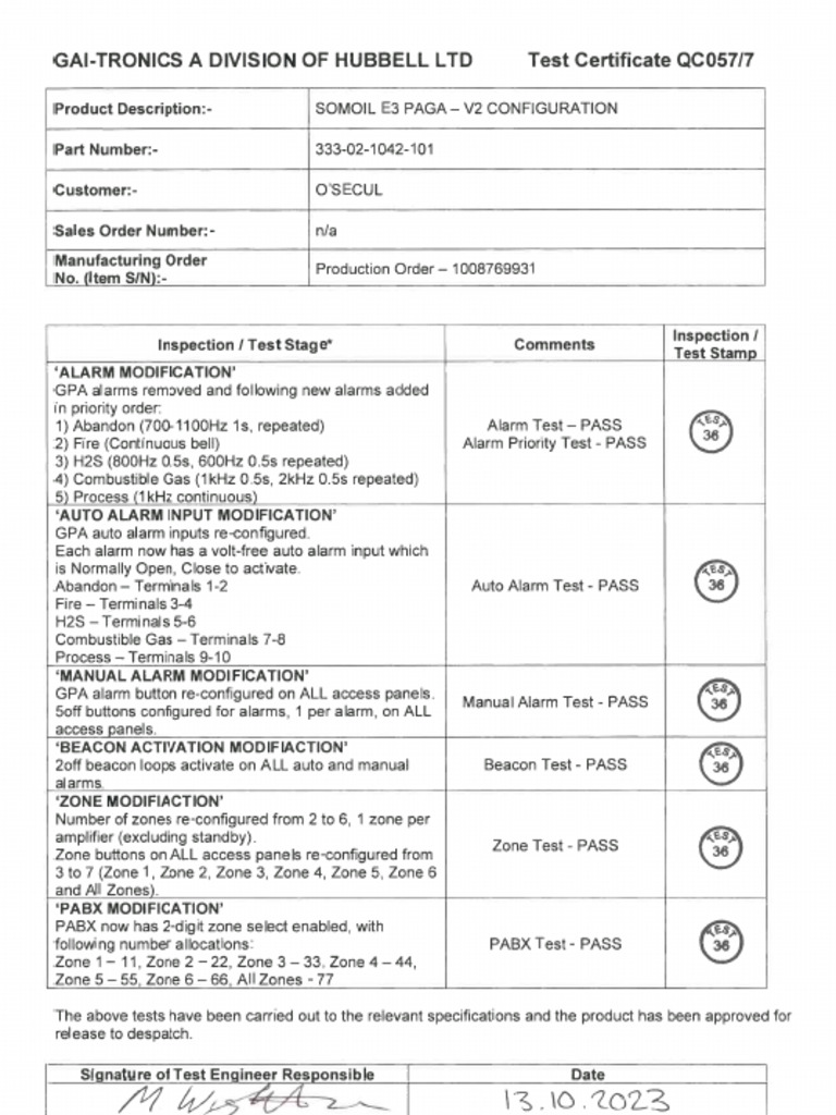 SOMOIL E3 PAGA-V2 Test Certificate | PDF