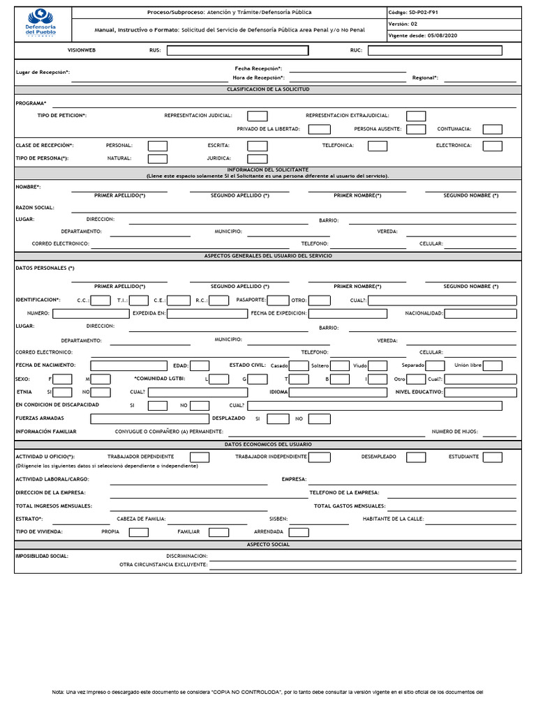 Formato 1 y 2 - SD-P02-F91 de La Defensoria | PDF