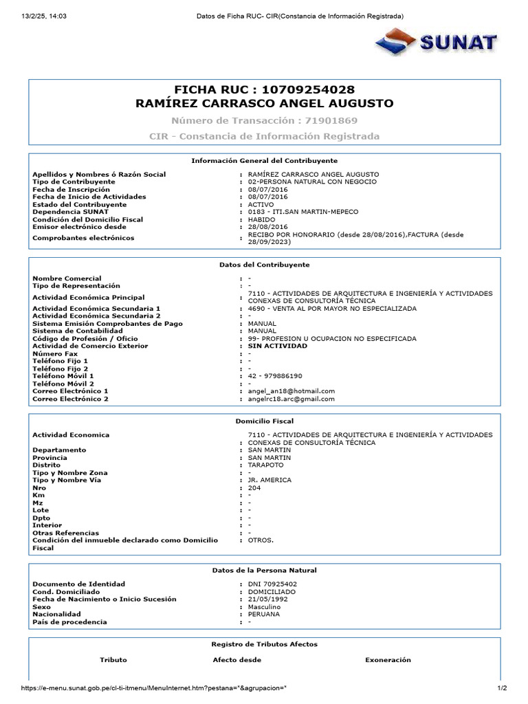 Ficha RUC de Ángel Augusto Ramírez | PDF