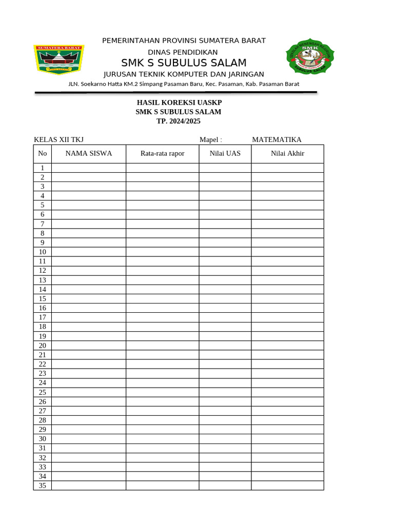 Blangko Nilai Akhir Kls Xii 22-23 | PDF