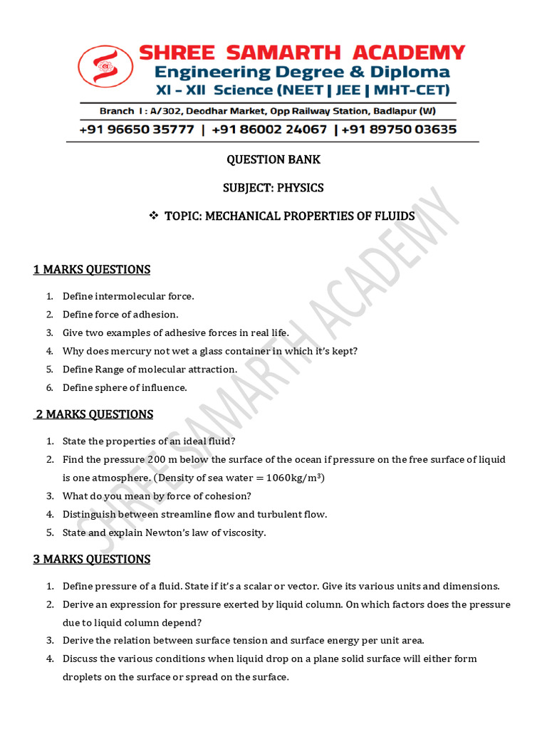 Physics Question Bank: Fluids & Thermodynamics | PDF | Capacitor ...