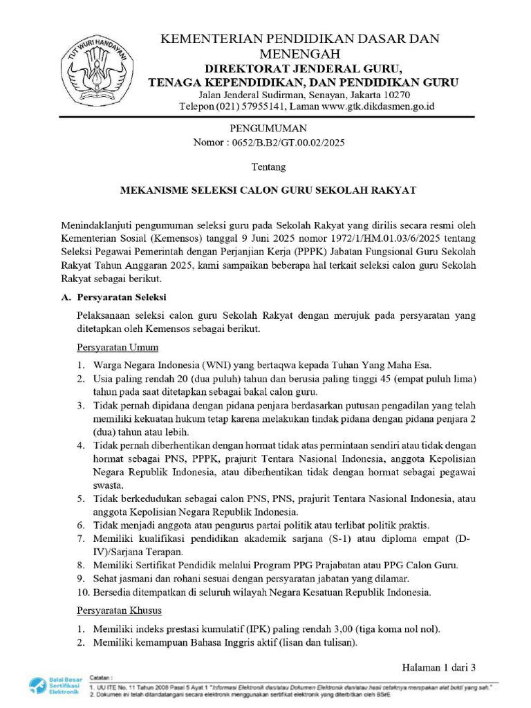 Pengumuman Rekrutmen Guru Sekolah Rakyat 11062025 | PDF
