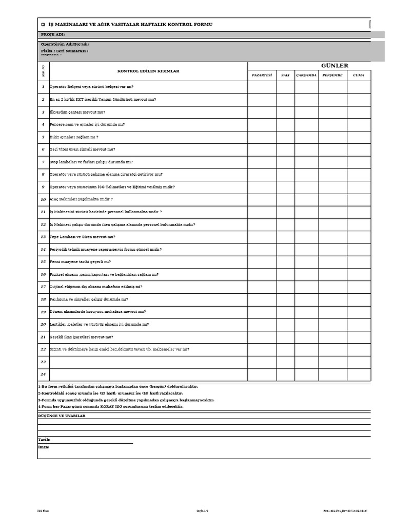 Is Makinalari Ve Agir Vasitalar Haftal - K Kontrol Formu - R00 | PDF
