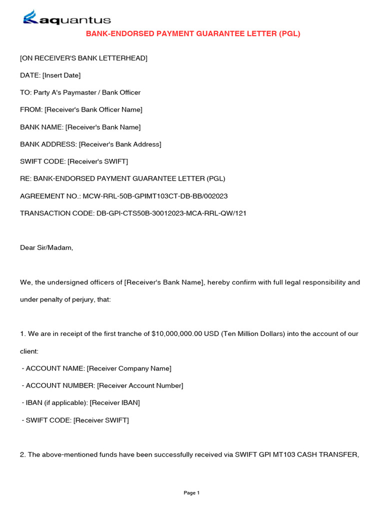 Payment Guarantee Letter (PGL) Template | PDF
