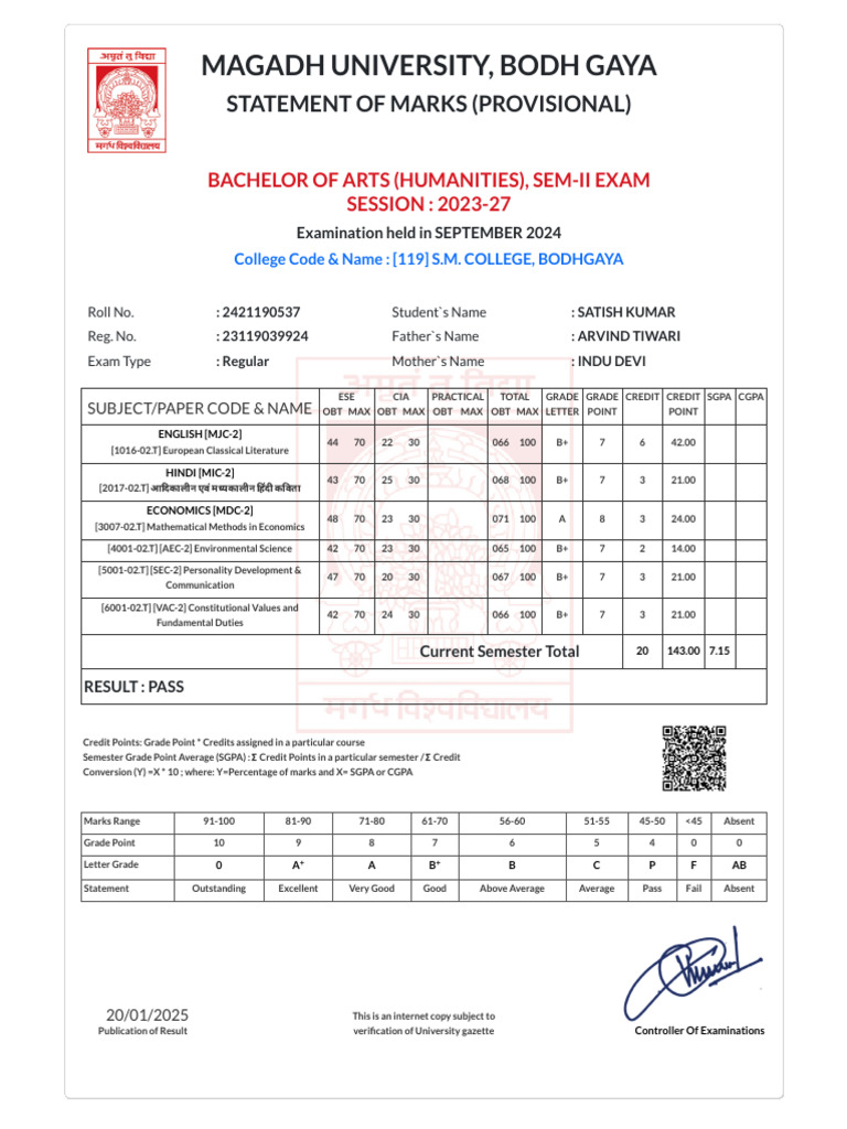 Marksheet - Magadh University, Bodh Gaya | PDF | Student Assessment And ...