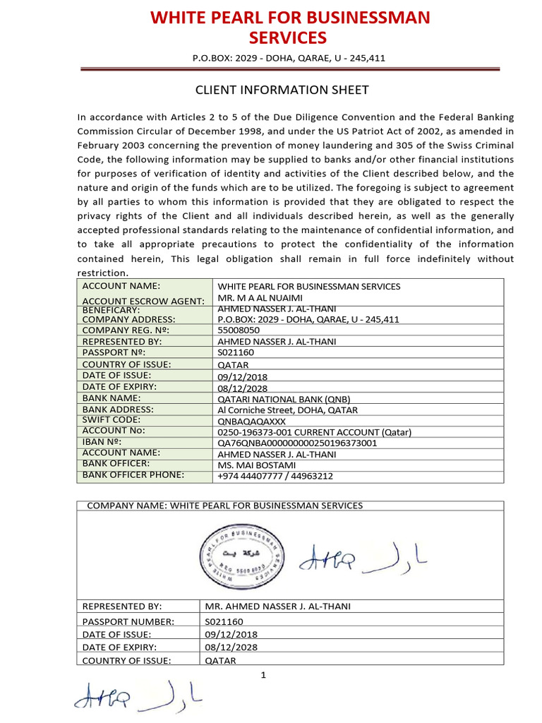 Client Information For White Pearl Services Pdf Doha Qatar