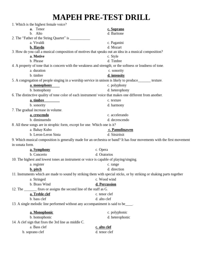 MAPEH Reviewer Question and Answers | PDF | Color | Clef