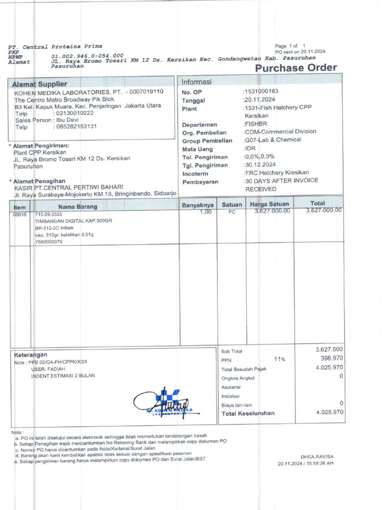 Konfirmasi PO PT. Central Proteina Prima 1531000163 Plant CPP Kersikan | PDF
