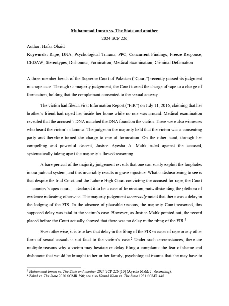 Muhammad Imran vs. The State and Another - 2024 SCP 226 | PDF | Rape | Consent