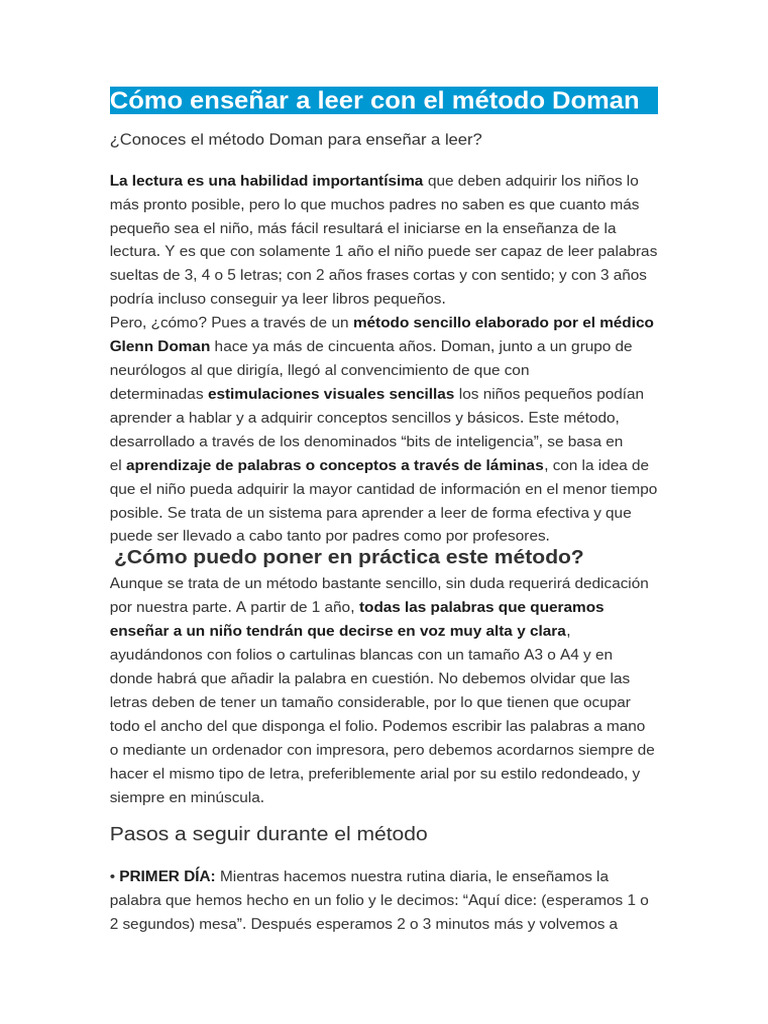 Cómo enseñar a leer con el método Doman | PDF | Aprendizaje | Ciencia ...