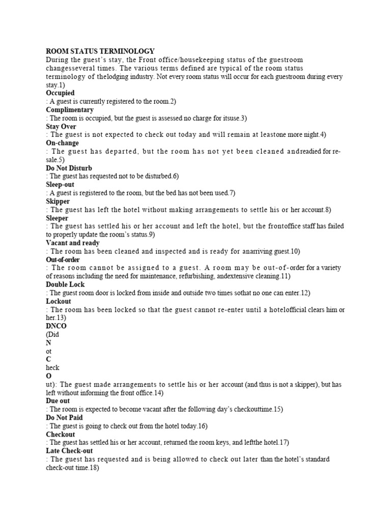 Hotel Room Status Definitions Guide | PDF | Hotel | Motel